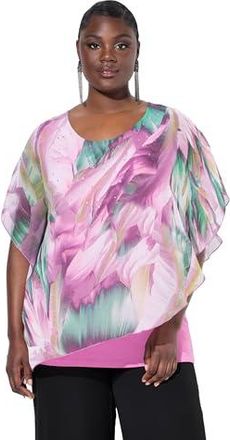 Ulla Popken Femme Grandes Tailles Blouse en Mousseline doubl&eacute;e Oversize, d&eacute;collet&eacute; Rond et Manches Courtes Lande Clair 46+ 837911807-46+