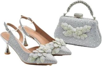 Generic Talons à bout pointu pour femme avec petit sac Nigeria Chaussures de fête et sacs décorés, Argent pour ensemble, 42.5 EU