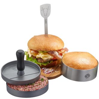 GEFU Barbecue Burger-Set: 3-teiliges BBQ Burger-Set inklusive Burgerpresse, Burger-Ring und Burger-Spieß für selbstgemachte Burger auf dem Grill - spülmasc