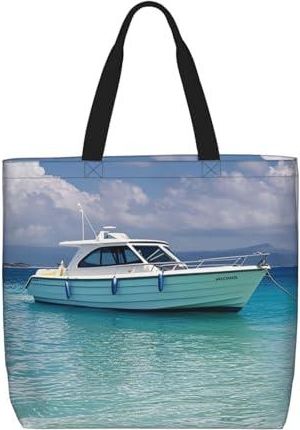 Generic Bateau Blanc Sur La Mer Bleue Sac Cabas R&eacute;utilisable Tote Bag Grand Sac Courses Pour Plage Travail Universit&eacute;