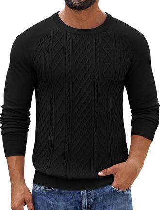 Coofandy Pullover Herren Business Strickpullover Winter Warm Norweger Pulli Zopfmuster Rundhals Dünner Basic Solid Thermopulli Schwarz XXL