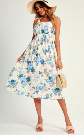 FS Collection Sommerkleid Damen Sommerkleid Midikleid Blumenkleid Tr&auml;gerkleid R&uuml;ckenfrei (S (UK 8-10 / EU 36-38), M (UK 10-12 / EU 38-40), L (UK 12-14 / EU 40-42) R