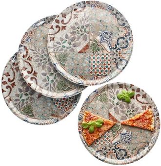 MamboCat Alcazar Lot de 4 assiettes à pizza I Ø 33 cm I pour 4 personnes I Grandes assiettes à pizza en porcelaine avec aspect carrelage méditerranéen I pour p