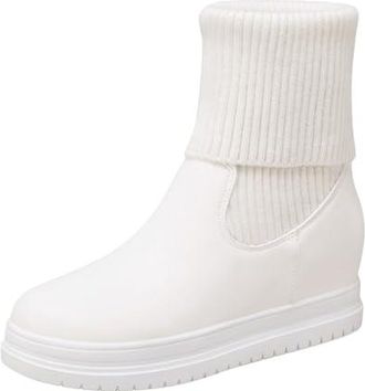 Generic Bottines Femme Plates Bout Rond Cuir Patchwork Chaussette Tricotée Extensible Bottes Courtes À Enfiler Plateforme Semelle Antidérapante Chaussures Déc