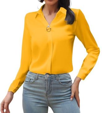 Generic Chemisier &agrave; manches longues pour le travail boutonn&eacute; - Chemisier en satin grande taille pour femme avec boutons et &eacute;paules droites - Chemisier drap&eacute; r