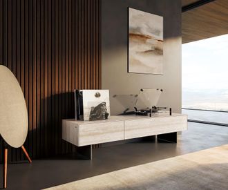 DELIFE Lowboard Cuor 150 cm Keramik Laminam Travertino Bianco Creme-Wei&szlig; 1 Klappe 1 Schubfach Fu&szlig; Schwebeoptik Metall Schwarz, Lowboards