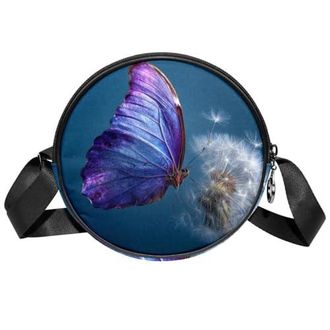 Generic Sac &agrave; bandouli&egrave;re rond pour femme, motif papillon violet, pissenlit, petit sac &agrave; bandouli&egrave;re avec fermeture &eacute;clair, bretelles r&eacute;glables, sac &agrave; main ro