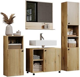 Trendteam PureBliss - Badezimmer Komplettset (WBU + Spiegel 80cm + Standschrank + Hochschrank) - Evoke Eiche - Rillenoptik - Aufbauma&szlig; (BxHxT) 180 x 190 x 40cm 