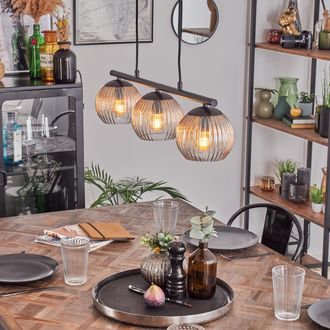 HOFSTEIN H&auml;ngeleuchte Koyoto, 3-flammige H&auml;ngelampe aus Metall/Riffelglas in Schwarz/Bernstein/Klar, Vintage-Design (&Oslash; 15cm), E14, Pendelleuchte verstellbar bi