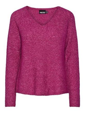 Pieces Pcellen Ls V-Neck Knit Noos BC Pull en Tricot, Fuchsia, XL Femme