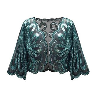Generic Cardigan r&eacute;tro des ann&eacute;es 1920 pour femme - &Eacute;l&eacute;gante cape &agrave; paillettes l&eacute;g&egrave;re ouverte sur le devant mince v&ecirc;tement dext&eacute;rieur coupe ajust&eacute;e, Vert, Tai