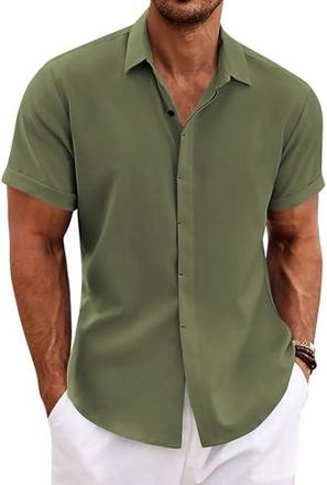Coofandy Chemise d&eacute;t&eacute; &agrave; manches courtes en lin pour homme, coupe droite &agrave; boutons, haut hawa&iuml;en pour les vacances, vert militaire, XL