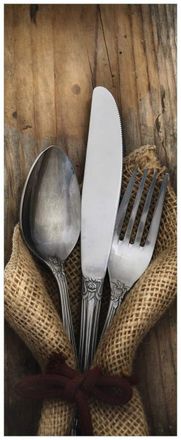 Wallario Glasbild Besteck Set - 32 x 80 cm Wandbilder Glas in Premium-Qualität: Brillante Farben, freischwebende Optik