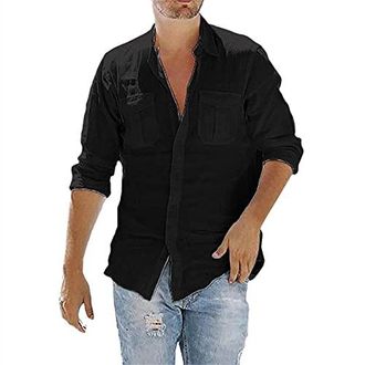 Generic Chemise en coton et lin pour homme Chemisier dentra&icirc;nement solide &agrave; manches rabattables Chemise d&eacute;contract&eacute;e &agrave; col long &agrave; poche pour homme Tuniques cl