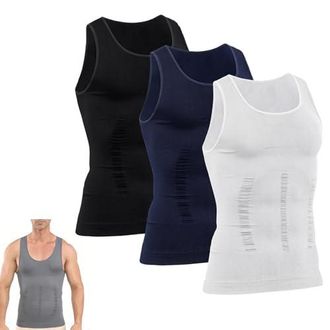 Generic Lot de 3 chemises de compression pour homme - Contr&ocirc;le du ventre - D&eacute;bardeur amincissant, Noir/bleu/blanc, 3XL