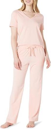 Amazon Essentials Ensemble de Vêtements de Nuit, Pantalon et T-shirt à Manches Courtes en Mélange de Coton Doux Femme, Rose Clair, XXL