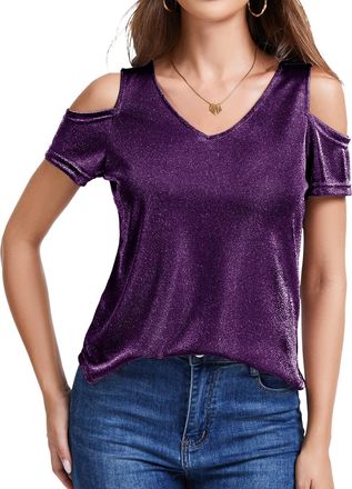 Dresstells T-Shirt Damen Schulterfrei Tops Lila Blusenshirt Kurzarm V Ausschnitt Oberteil Top Sommer Casual Tee Shirts Bluse Grape 2XL