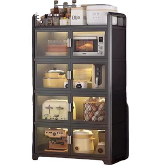 Generic Sideboard, mobiler K&uuml;chenger&auml;te-Aufbewahrungsschrank, Metallrahmen mit beleuchteten Glast&uuml;ren zum Schutz vor Staub, Lenkrollen + dreiseitige Gel&auml;nderk