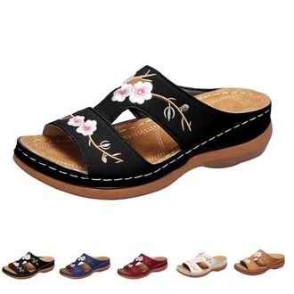 Generic Chaussures orthop&eacute;diques confortables pour femme - Sandales plates d&eacute;t&eacute; en cuir - Broderie florale - Bout ouvert - Respirantes, Noir, 39.5 EU