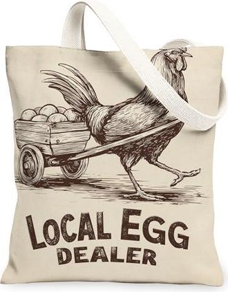 Generic Sacs fourre-tout en toile &agrave; dessin de poulet, sacs d&eacute;picerie r&eacute;utilisables, l&eacute;gers et lavables avec bandouli&egrave;re, beige, 13x15 Inch