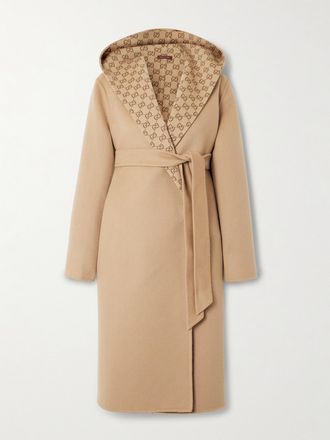 Gucci Wendbarer Mantel Aus Jacquard Aus Einer Woll-seidenmischung Mit Kapuze Und Bindegürtel - Braun