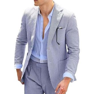 Generic Ensemble de costume fin en seersucker ray&eacute; pour homme - Tenue d&eacute;t&eacute; pour la plage et le mariage - 2 pi&egrave;ces - Costume classique &agrave; ventouse, Bleu 2, XXL