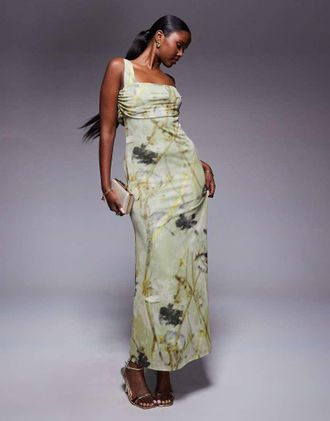 Asos Robe longue en tulle à encolure Bardot asymétrique avec une bretelle fine - Vert fleuri-Multicolore