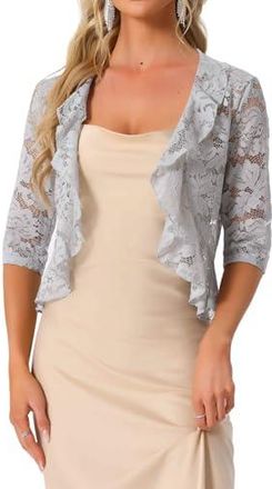 Allegra K Gilet en Dentelle Femme Manches 3/4 Cardigan &agrave; Volants Demi-Transparent Haussement d&Eacute;paules &Eacute;l&eacute;gant Bol&eacute;ro pour Robe de Mariage Gris M
