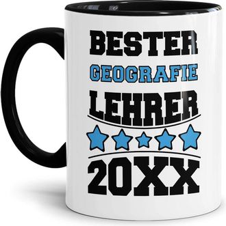 Tassendruck Tasse Bester Geografie-Lehrer/Schule/Abi/Abschied/Lehrer-Geschenk/Geschenk-Idee/mit Spruch/Innen & Henkel Schwarz