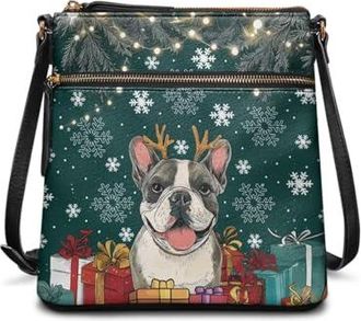 Coloranimal Sac &agrave; bandouli&egrave;re pour femme en cuir avec fermeture &eacute;clair sur le th&egrave;me de No&euml;l, Cadeaux de No&euml;l Boston Terrier