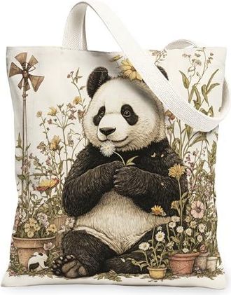 Generic Sac fourre-tout en toile motif panda printanier pour faire du shopping, 33 x 38,1 cm, sac d&eacute;picerie r&eacute;utilisable pour femme, motif de fleurs sauvages 