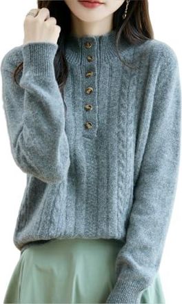 Generic Pull Femme Pull en Maille Torsad&eacute;e pour Femme Manches Longues 100% Laine M&eacute;rinos Col Henry Fermeture Boutonn&eacute;e Col V Tunique Douce Et Chaude Gris Tail