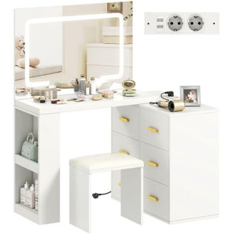 HOMCOM Coiffeuse avec miroir et tabouret - HOMCOM - &eacute;clairage LED r&eacute;glable, 2 USB ports et 2 prises, 6 tiroirs - MDF - 118x78x135cm - blanc