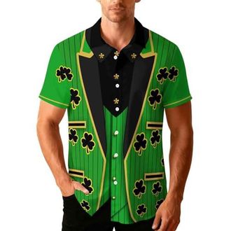 Generic Chemise &agrave; manches courtes pour homme - Imprim&eacute; tr&egrave;fle vert amusant - Chemise de c&eacute;l&eacute;bration l&eacute;g&egrave;re et respirante - Haut d&eacute;t&eacute; boutonn&eacute; - Coupe d&eacute;contra