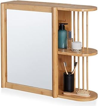 Relaxdays Wandregal mit Spiegel, Bambus, 2 halboffene Ablagen, 53x62x20 cm, Badezimmer, hängend, Spiegelschrank, Natur