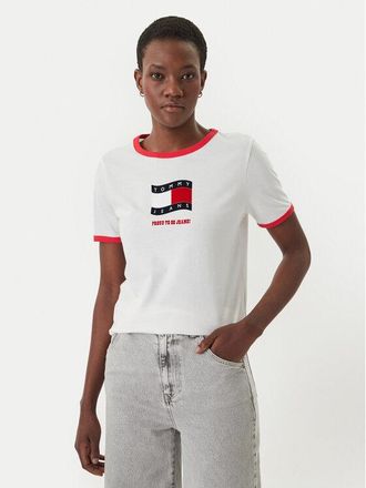 Tommy Jeans T-Shirt Wavy Flag Contrast Ringer DW0DW22306 Wei&szlig; Regular Fit