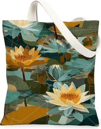 Generic Sacs fourre-tout en toile florale, motif n&eacute;nuphar, sacs d&eacute;picerie, sacs d&eacute;picerie r&eacute;utilisables, l&eacute;gers et lavables, multicolore, 13x15 Inch