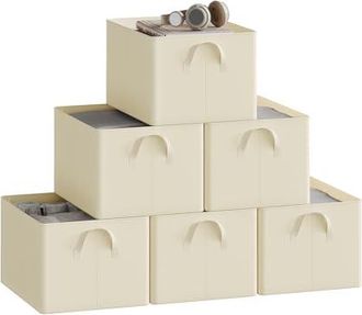 Woltu Lot de 6 Boîtes de Rangement en Tissu, Paniers avec Poignées, Cubes Pliables et Empilables pour Armoire et Étagères, Crème, 42x32x26cm