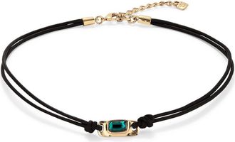 Uno De 50 | Anhänger | Halskette aus Leder | aus Metalllegierung | 18 K vergoldet | mit facettiertem grauen Kristall | handgefertigter Schmuck | Hergestellt in 