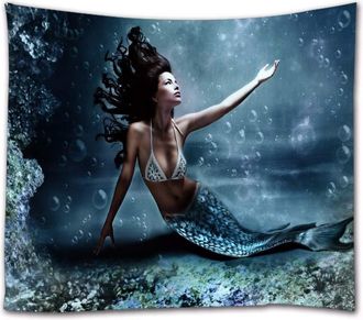 A.Monamour Wandteppich Fantasie Meerjungfrau Frau In Unterwasserszene Stoff Tapisserie Wandbehang Wanddeko Wandkunst Wandbilder Wandtuch für Wohnzimmer Schlafzim