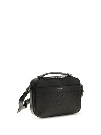 Ferragamo Mens Leather Crossbody Bag With Embossed Gancini Pattern Black Calf Bos Taurus Shoulder