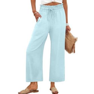 Generic Pantalon d&eacute;t&eacute; 3/4 en mousseline pour femme - Pantalon d&eacute;t&eacute; l&eacute;ger en lin - Avec poches - D&eacute;contract&eacute; - Pantalon en tissu &eacute;lastique et confortable - Pou