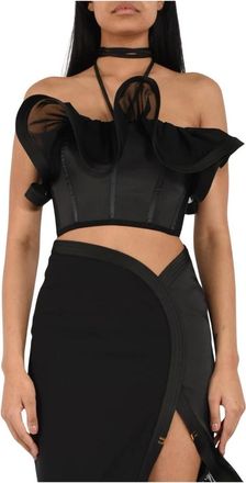Elisabetta Franchi Femme, Tops, Noir, Taille: 36 FR Top en satin avec maxi volant