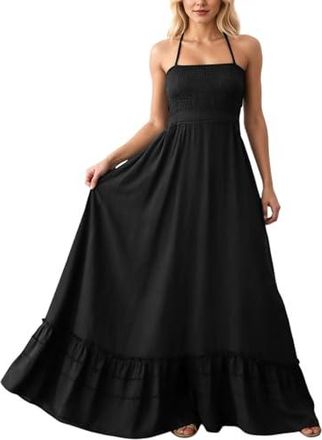 Generico Robe longue d&eacute;t&eacute; pour femme avec bretelles trap&egrave;ze style boh&egrave;me taille haute avec bretelles fines, Noir, XX-Large