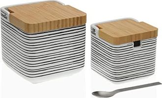 VERSA Black Lines Salz- und Zuckerstreuer-Set aus Keramik und Bambus, mit Holzdeckel und Metalllöffel, Maßnahmen (H x L x B) 11,2 x 11,7 x 11,8 cm, Keramik 
