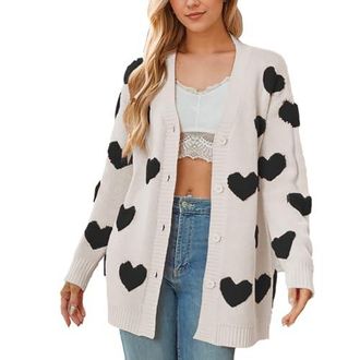 Generic Cardigan &agrave; manches longues ouvert sur le devant pour femme - Tricot en forme de coeur - Col en V boutonn&eacute; - Pull surdimensionn&eacute; l&eacute;ger et d&eacute;contract&eacute; p