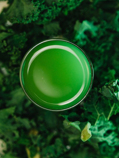 Glas mit grüner Flüssigkeit steht auf grünen Blättern.