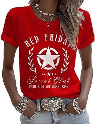 Generic Red Friday Star T-shirt d&eacute;contract&eacute; &agrave; manches courtes et col rond pour femme, Rouge, 3XL
