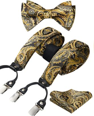 Hisdern Gold Hosentr&auml;ger f&uuml;r Herren Paisley Y Form mit 6 starken Clips L&auml;ngenverstellbar Herren Hosentr&auml;ger und Fliege mit Einsteckuch