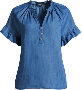 Lands End Bluse aus TENCEL mit Rüschenkragen, Damen, Größe:48-50 plus, Blau, Kunstseide/Lyocell (Viskose), by Lands End